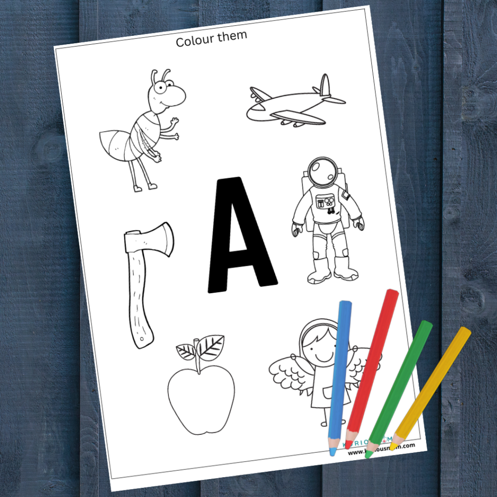 Alphabet object colour downloadable printable worksheet - KuriousMom Shop
