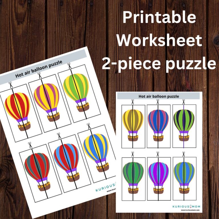 Hot air balloon 2 piece puzzle printable worksheet - KuriousMom Shop