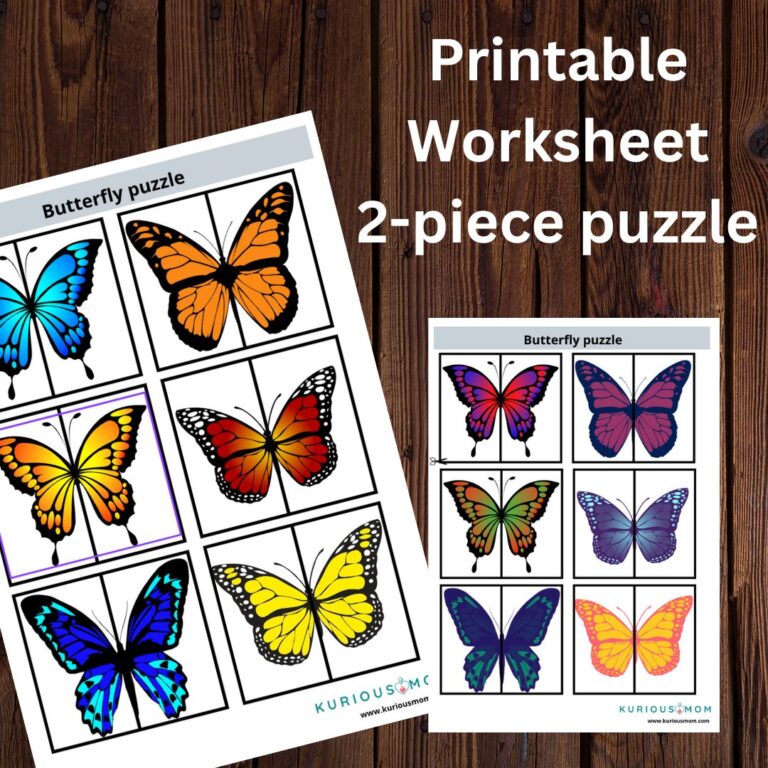 Butterfly 2 piece puzzle printable worksheet - KuriousMom Shop