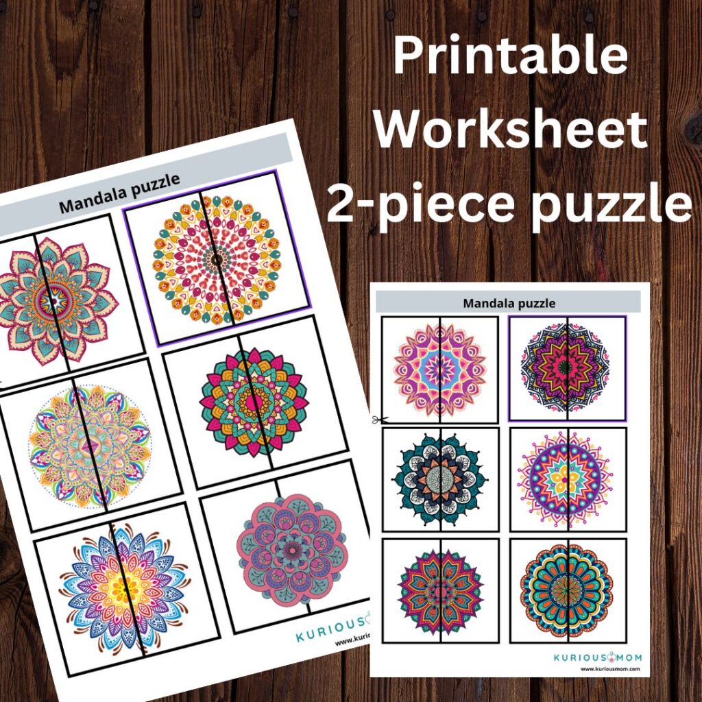 Mandala 2 piece puzzle printable worksheet - KuriousMom Shop
