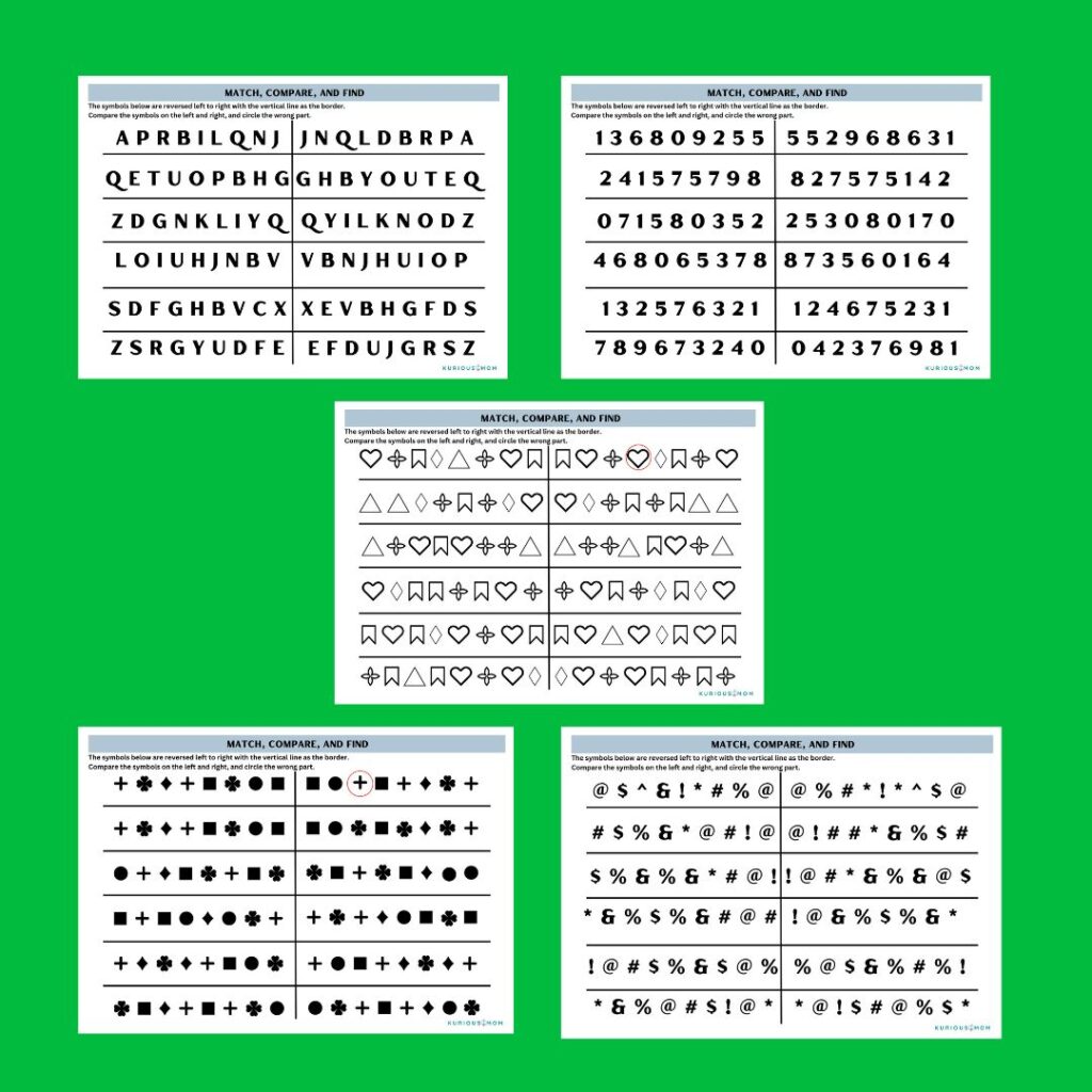 Match, Compare, and Find Activity printable worksheet - KuriousMom Shop