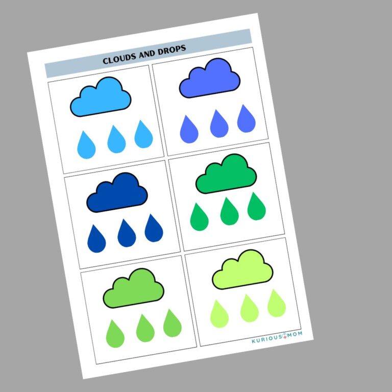 Cloud and Drops Color Match printable worksheet - KuriousMom Shop