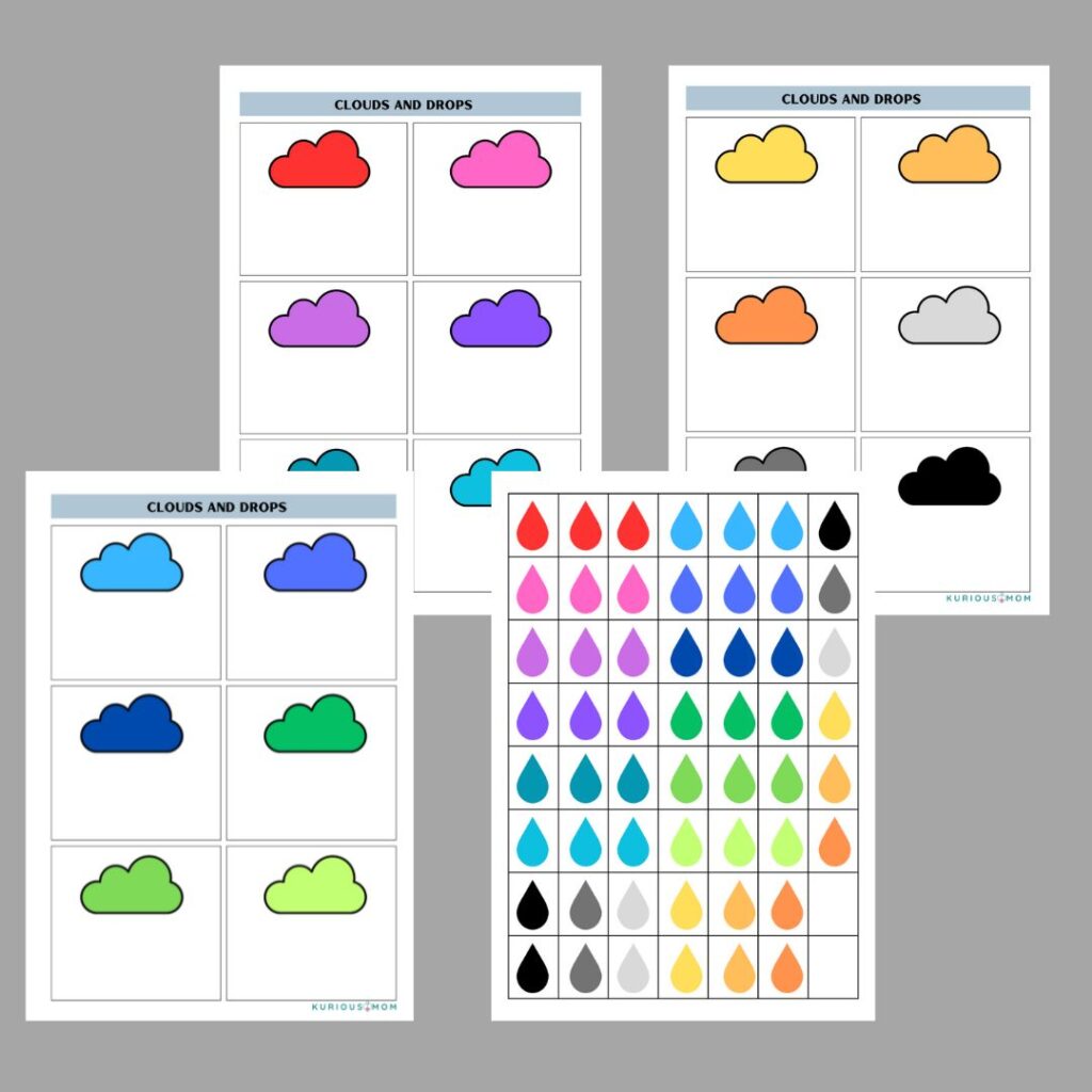 Cloud and Drops Color Match printable worksheet - KuriousMom Shop